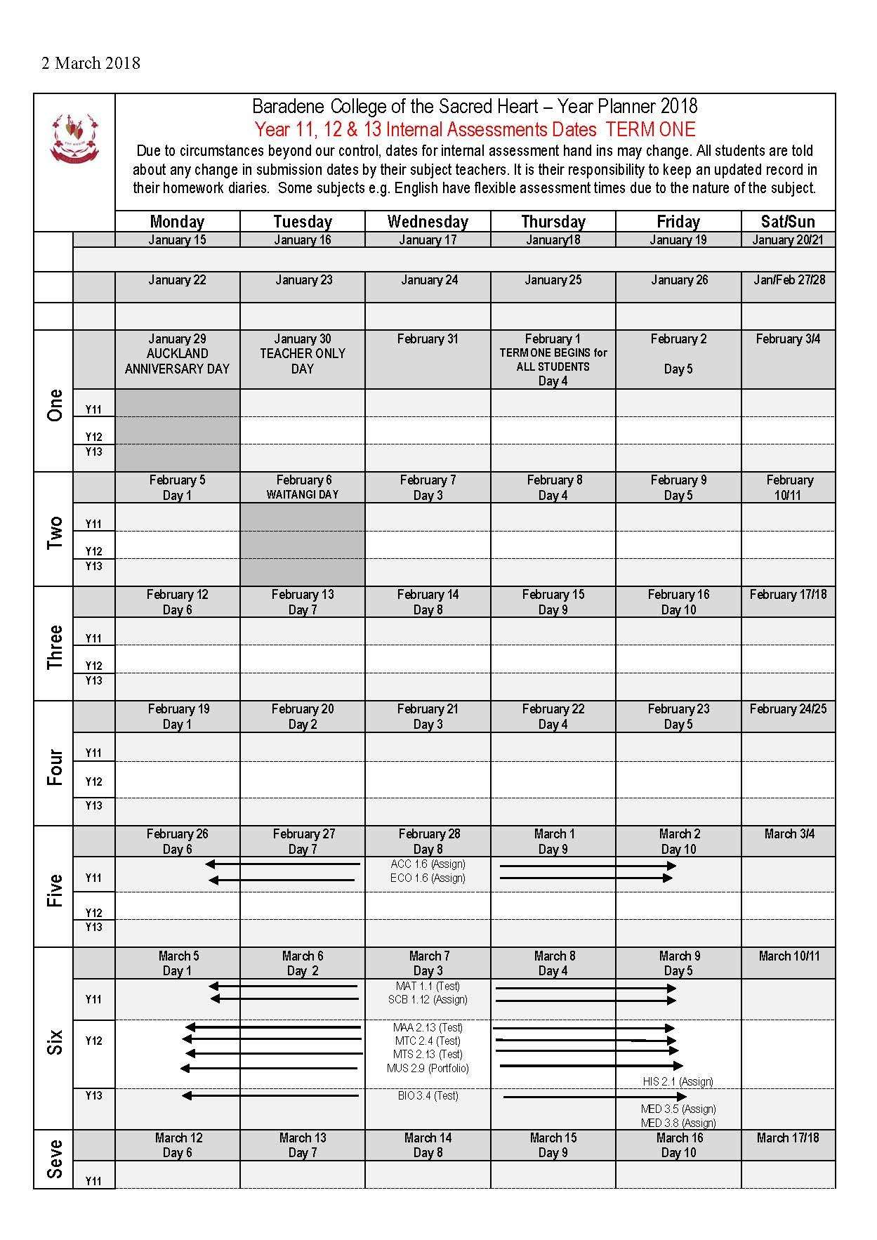 Year 11-13 Internal Assessment Calendars - Academic - Baradene College